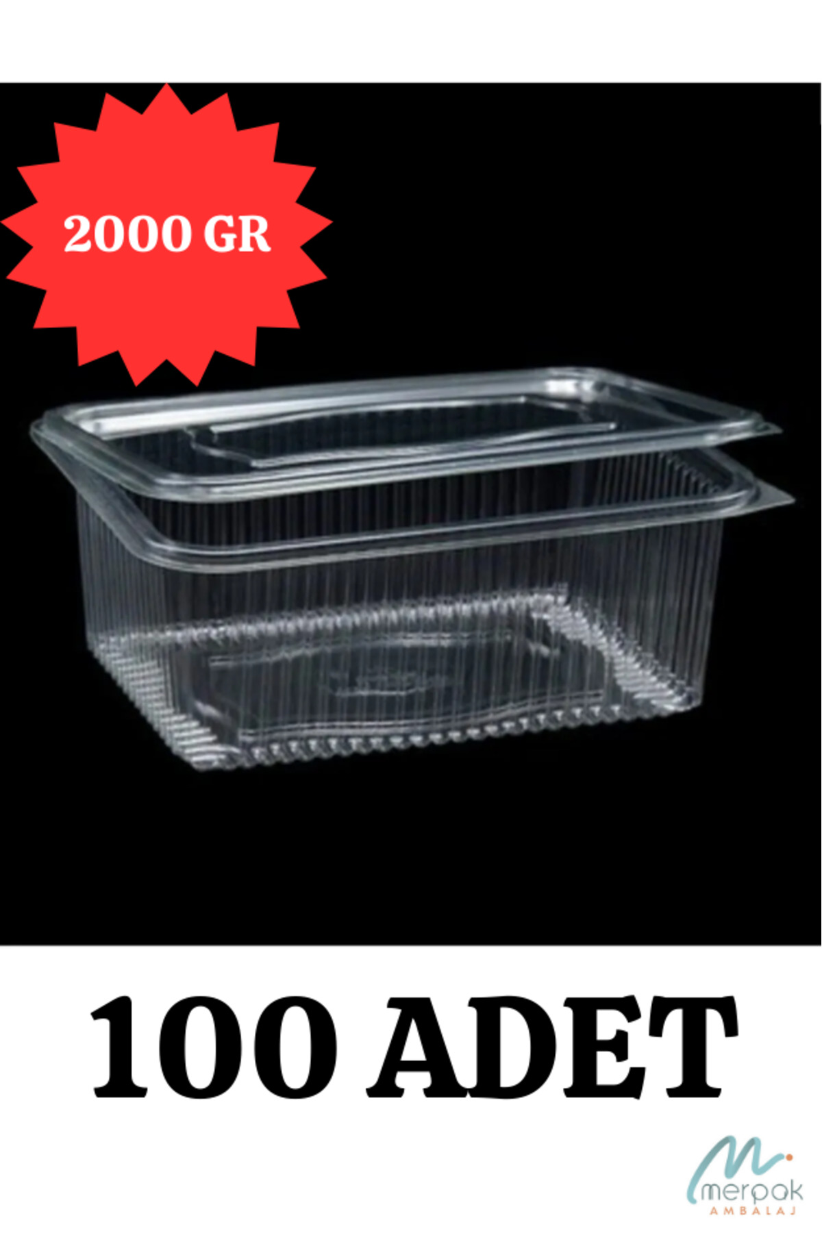 Merpak Ambalaj Plastik Saklama Kabı 2000 gr 100'lü Kapaklı Sızdırmaz Kap Şeffaf Kullan At Kase ...