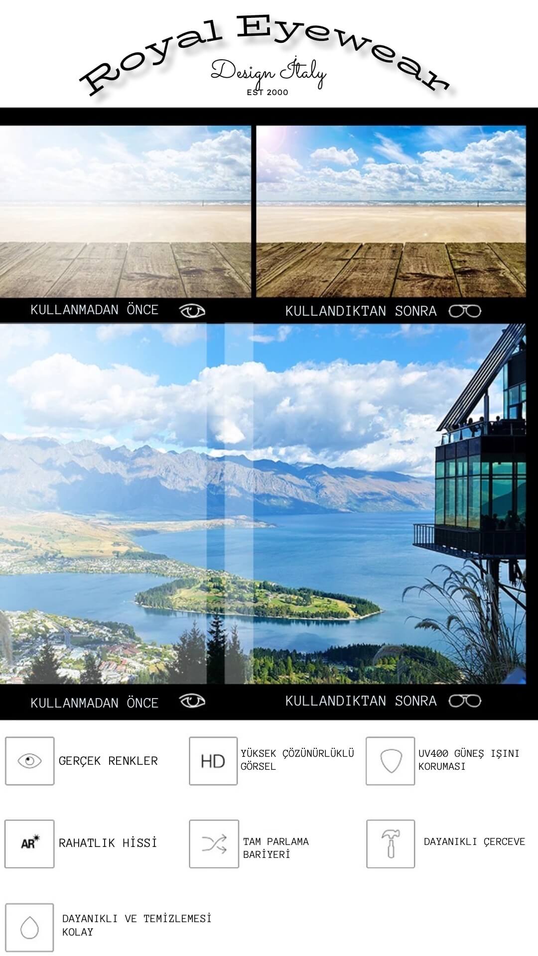 WATCHOFROYAL Güneş Gözlüğü Kadın & Erkek Uv400 Cam Ce Belgeli Gold ...