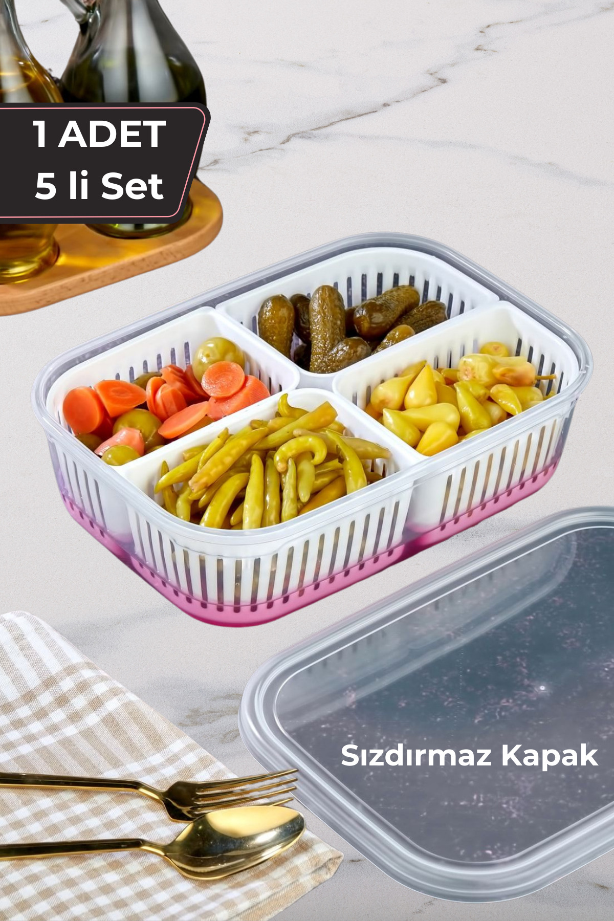 ECO KİTCHEN 4 Bölmeli Sızdırmaz Kapak Süzgeçli Saklam Kabı-Turşuluk ...