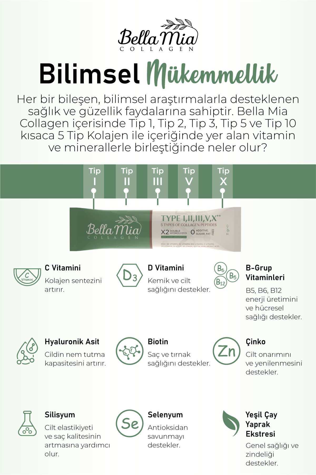 Bella Mia Collagen %100 Saf ve Doğal 5 Tip Kolajen Tip 1, Tip 2, Tip 3 ...