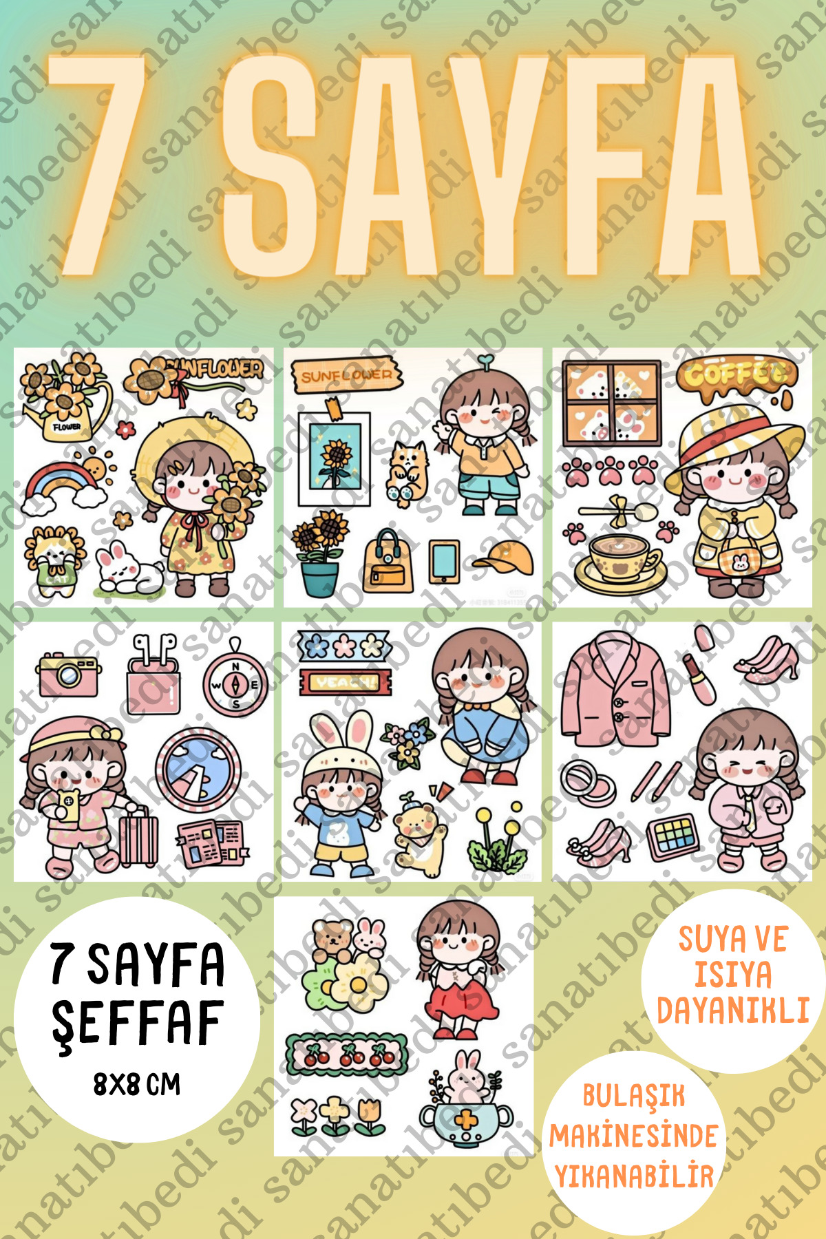 sanatıbedi 7 Sayfa Şeffaf Su Geçirmez Kawaii Sevimli Sticker - Telefon ...