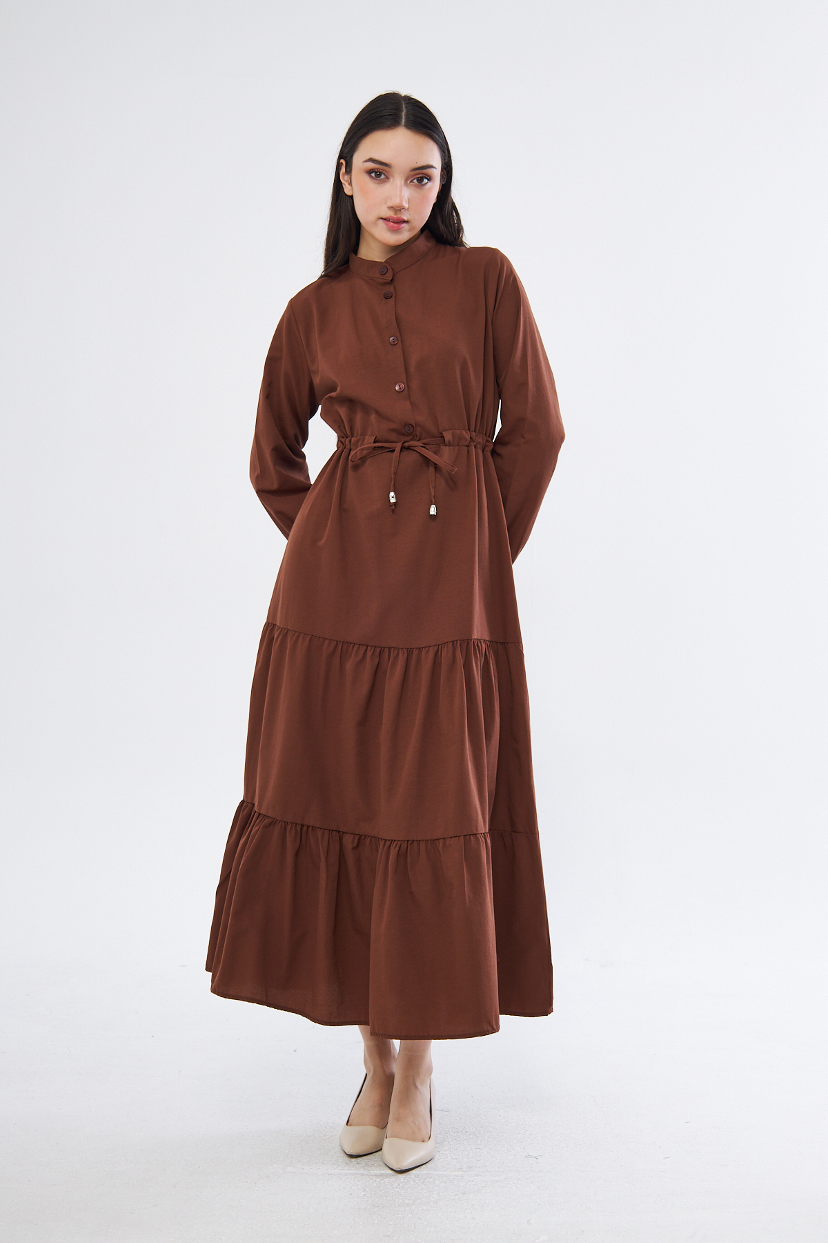 brako tekstil Kadın Önden Düğmeli Hakim Yaka Katlı Elbise - Fiyatı, Yorumları