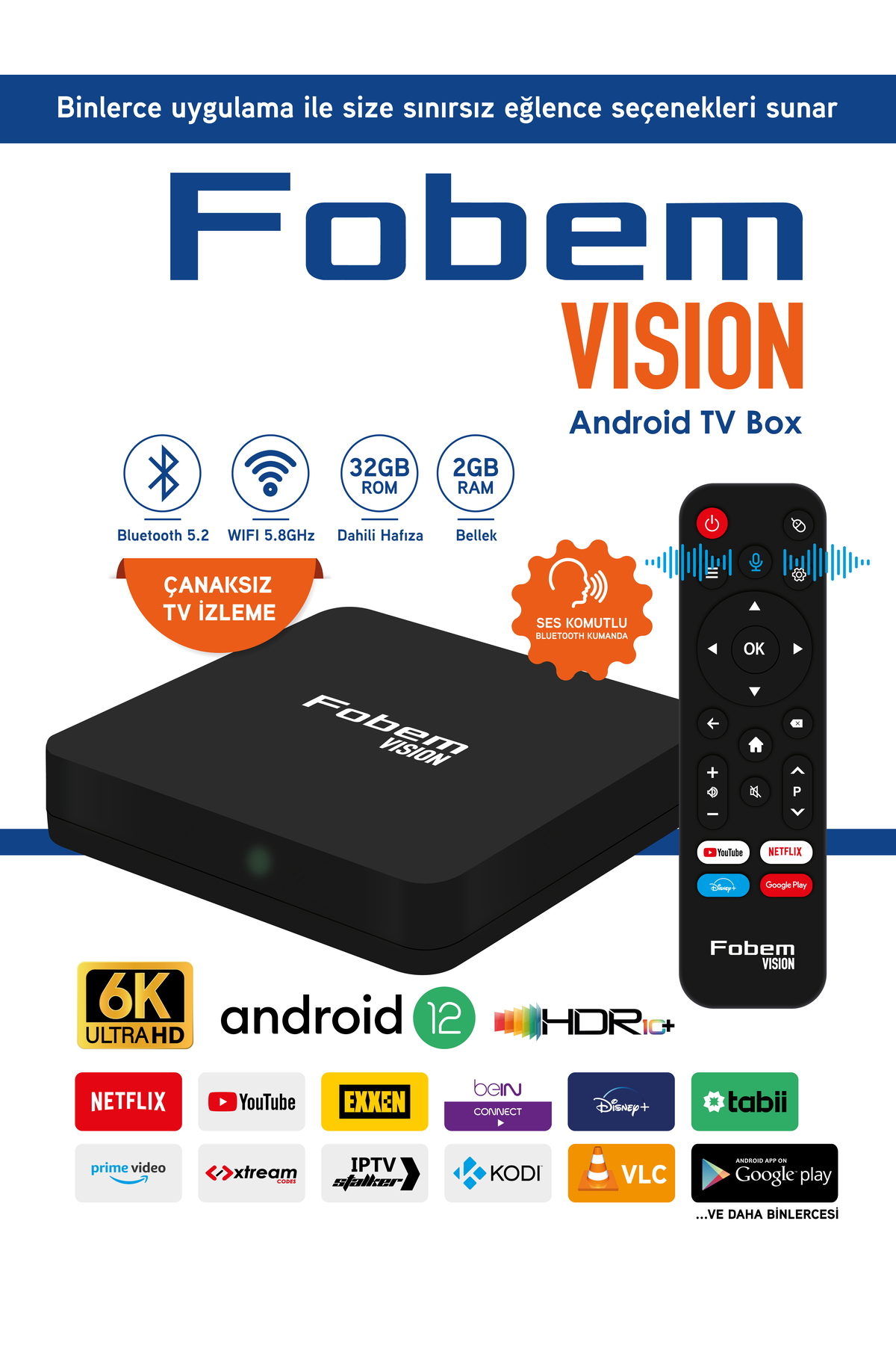 FOBEM Vision 6K Android TV Box Medya Oynatıcı - Sesli Komut Bluetooth ...