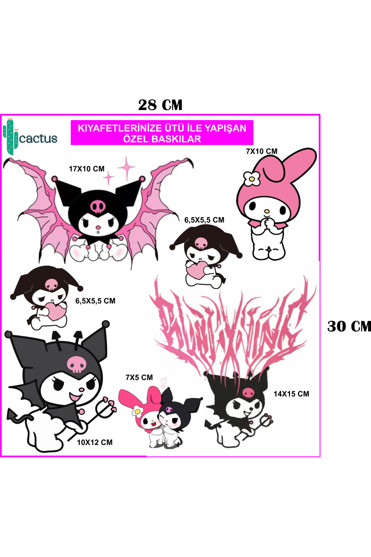 CACTUS COLLECTION 28x30 Cm Boyutunda Kuromi Kumaşa Ve Deriye Baskı Ütü Ile Yapışan Transfer ...
