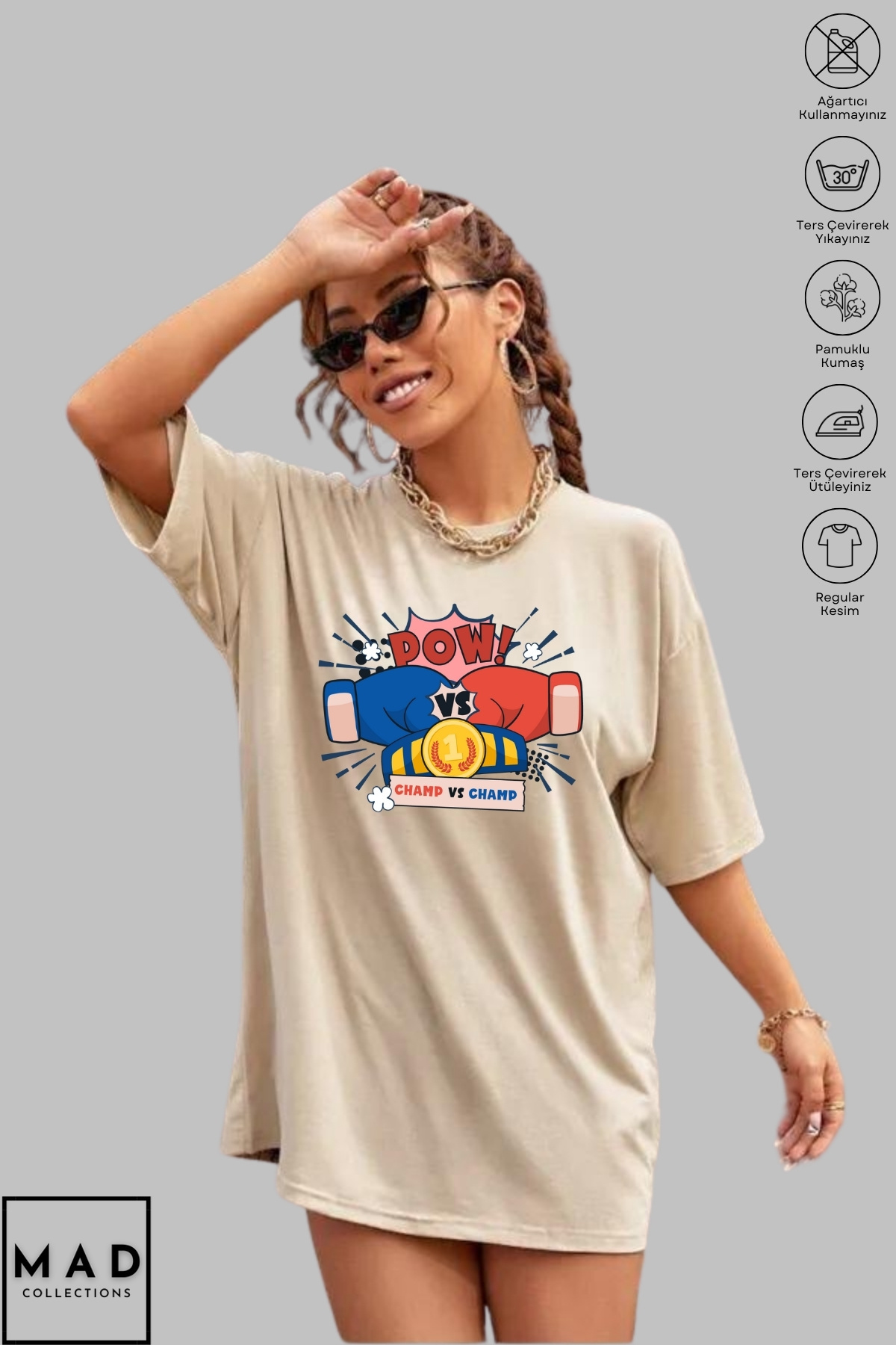 MAD COLLECTİON MAD COLLECTION Unisex Oversize Bisiklet Yaka Pamuk Boks Pow Baskılı Kısa Kollu ...