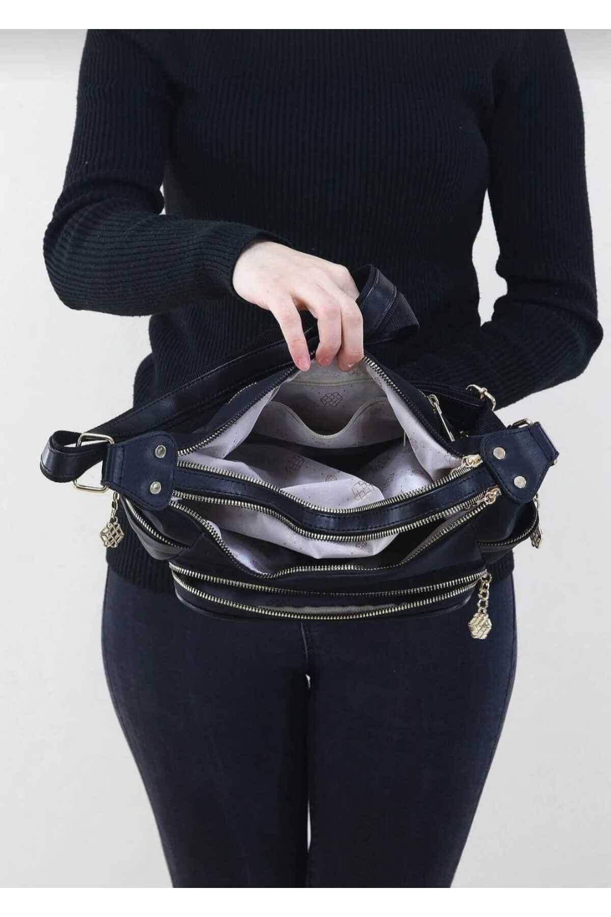 La'Graccia Çapraz Askılı Siyah Su Geçirmez Saten Kumaş Çok Gözlü Çanta ...