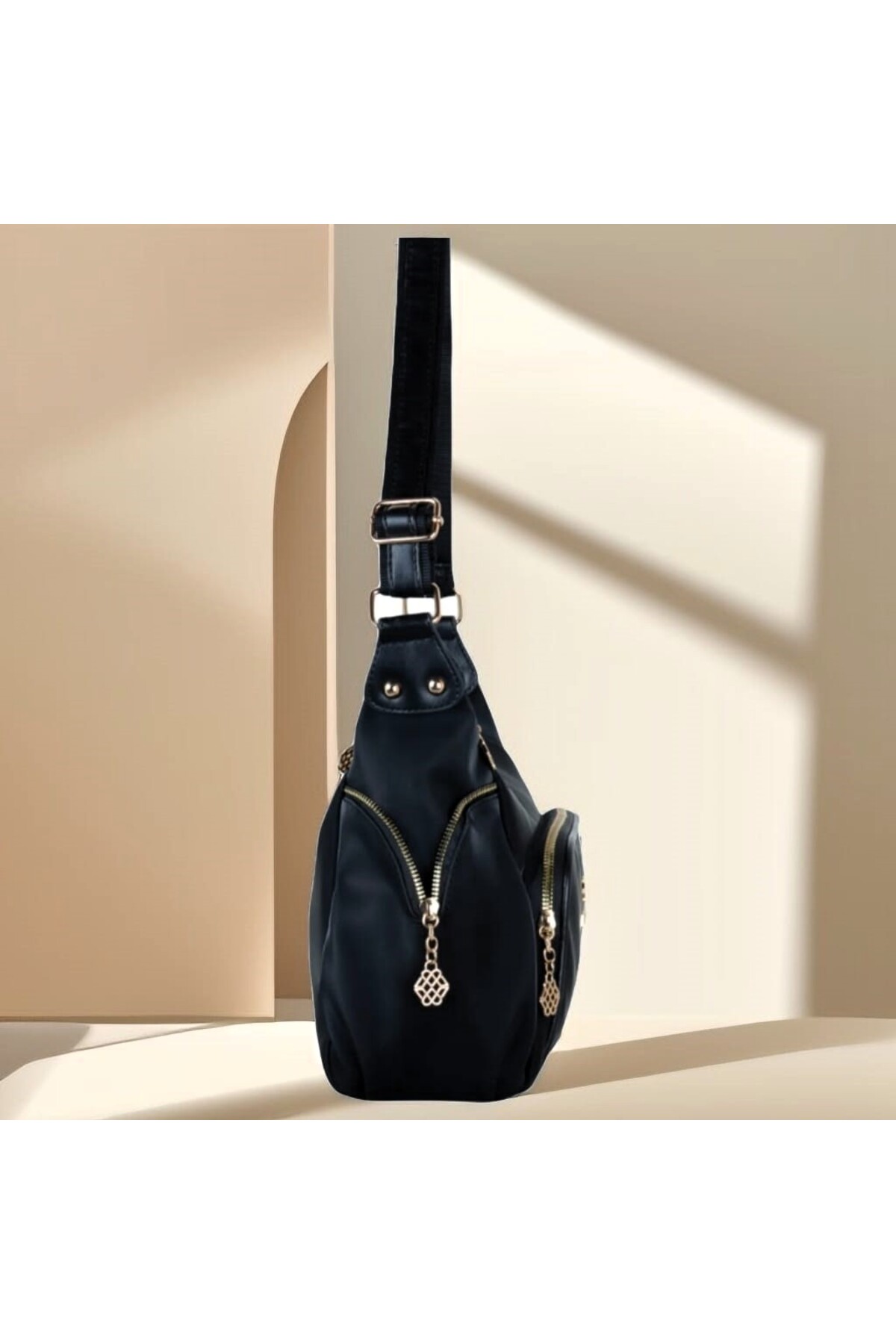 La'Graccia Çapraz Askılı Siyah Su Geçirmez Saten Kumaş Çok Gözlü Çanta ...