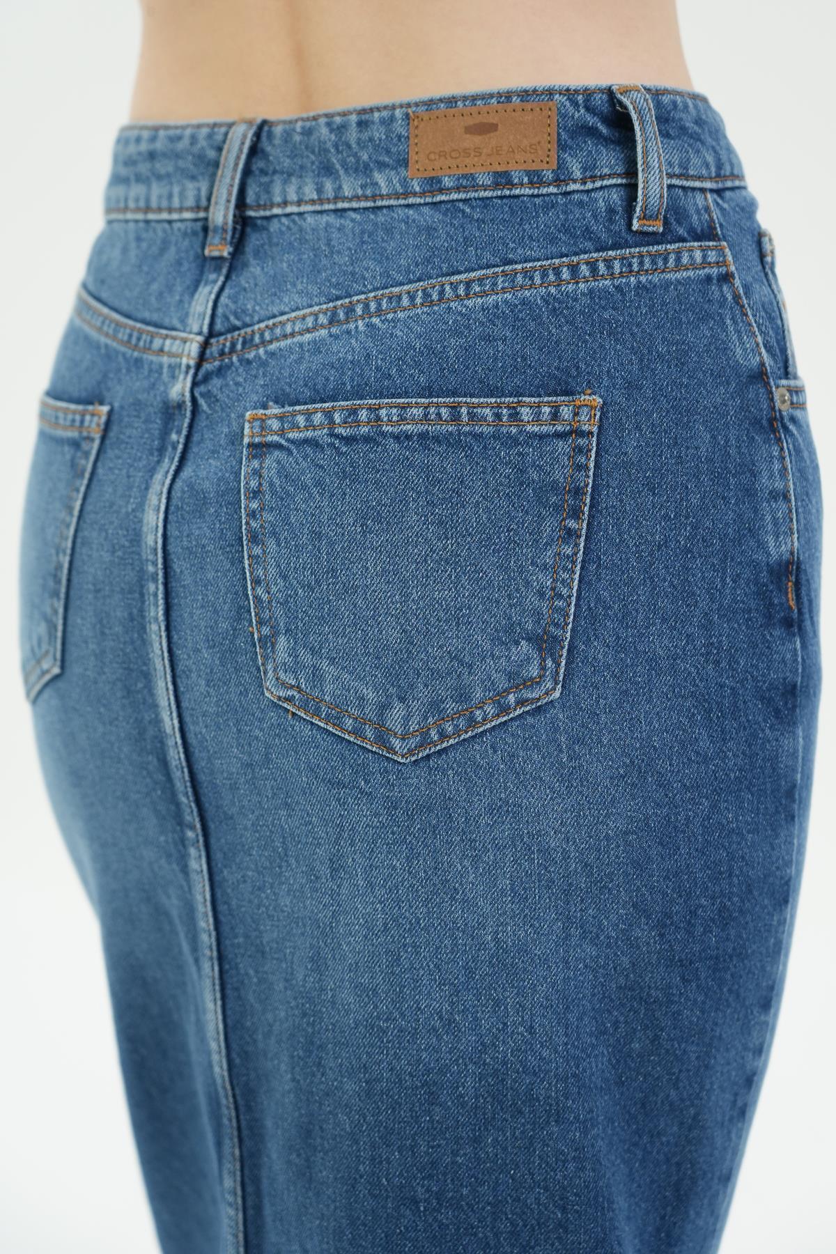 CROSS JEANS Orta Mavi Yüksek Bel Önü Yırtmaçlı Jean Etek Fiyatı ...