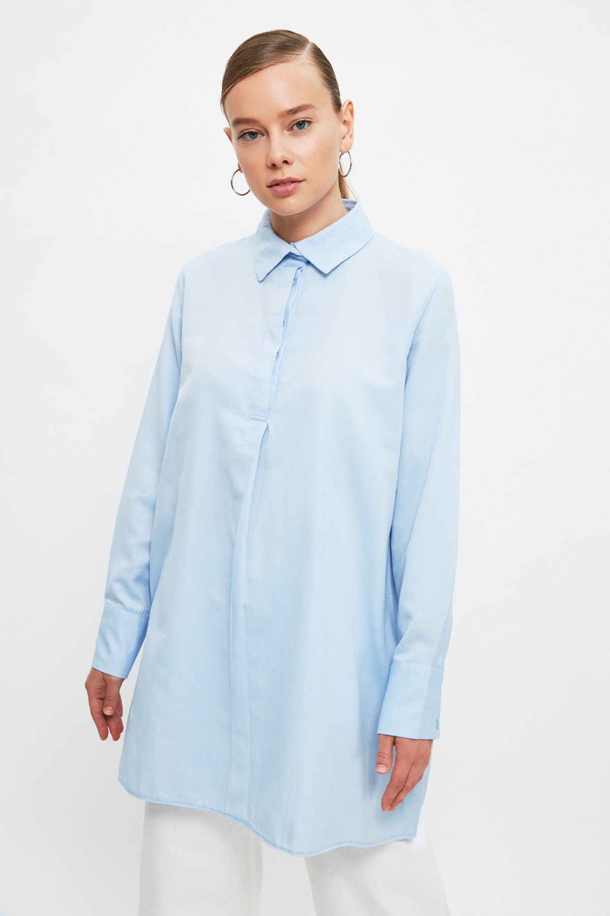 TRENDYOL MODEST Mavi Gömlek Yaka Tesettür Tunik TCTSS21TN0254 Fiyatı ...