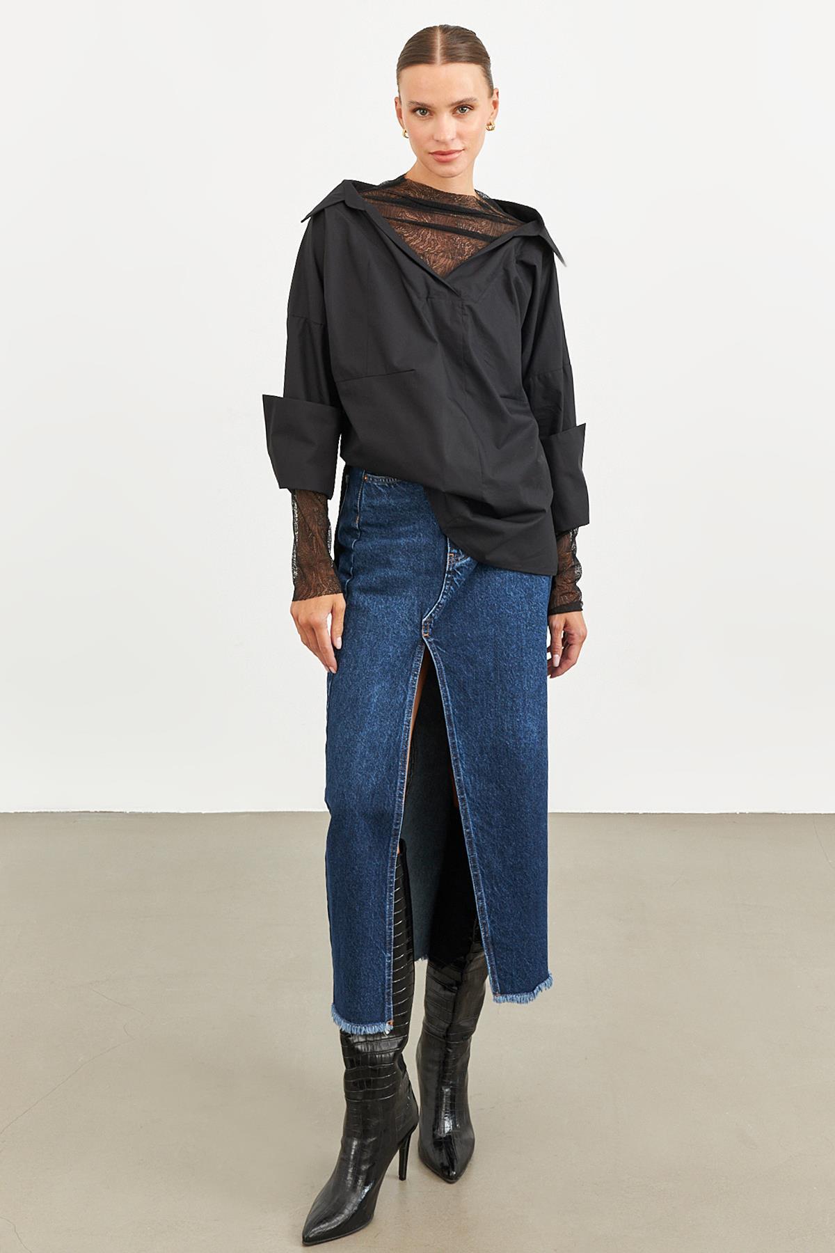 Setre Siyah Omuzlardan Detaylı Uzun Kollu Basic Gömlek Fiyatı ...