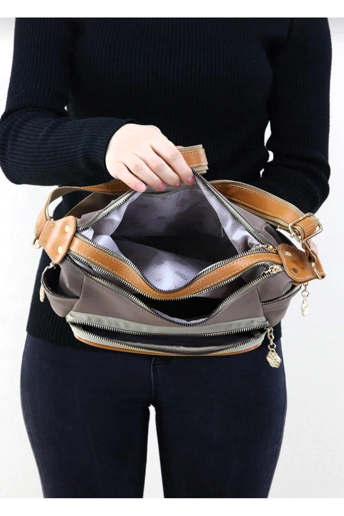 La'Graccia Çapraz Askılı Vizon Su Geçirmez Saten Kumaş Çok Gözlü Çanta ...