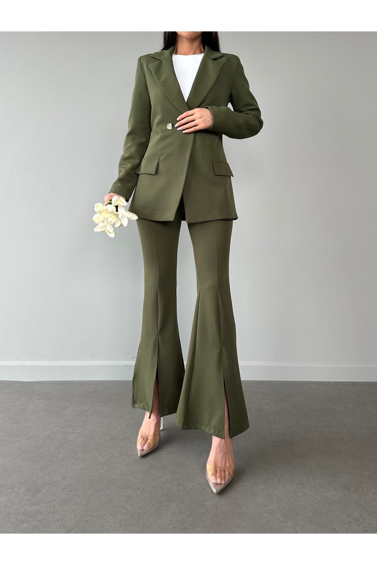 Female Clothing Haki Astarlı Tek Düğme Blazer Ceket Ispanyol Yırtmaçlı ...