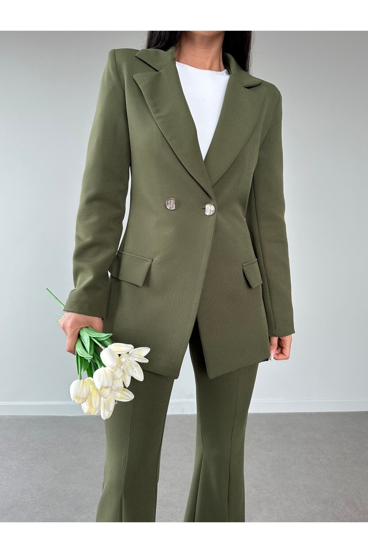 Female Clothing Haki Astarlı Tek Düğme Blazer Ceket Ispanyol Yırtmaçlı ...