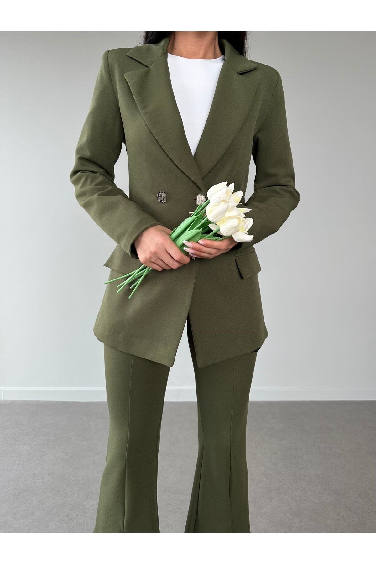 Female Clothing Haki Astarlı Tek Düğme Blazer Ceket Ispanyol Yırtmaçlı ...