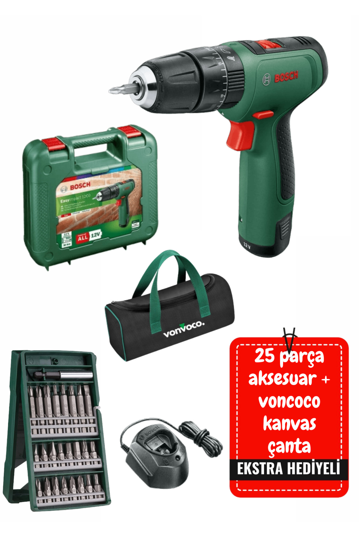 Bosch EasyImpact 1200 Şarjlı Darbeli Matkap Tek Akülü Bosch Yeşil Vidalama Makinesi 18V 1.5 Ah ...