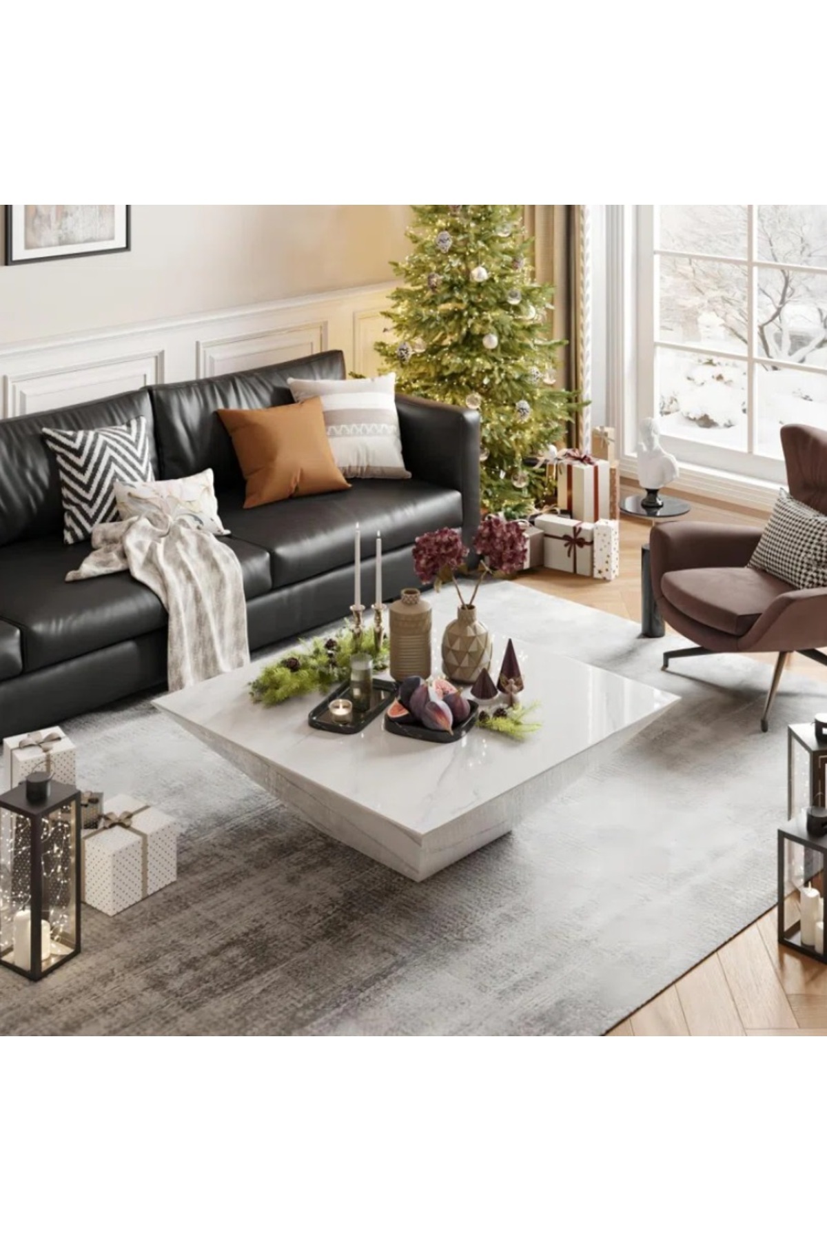 Eriza Home 1007 Modern Kare Prizma Mermer Desenli Orta Sehpa, Krem ...