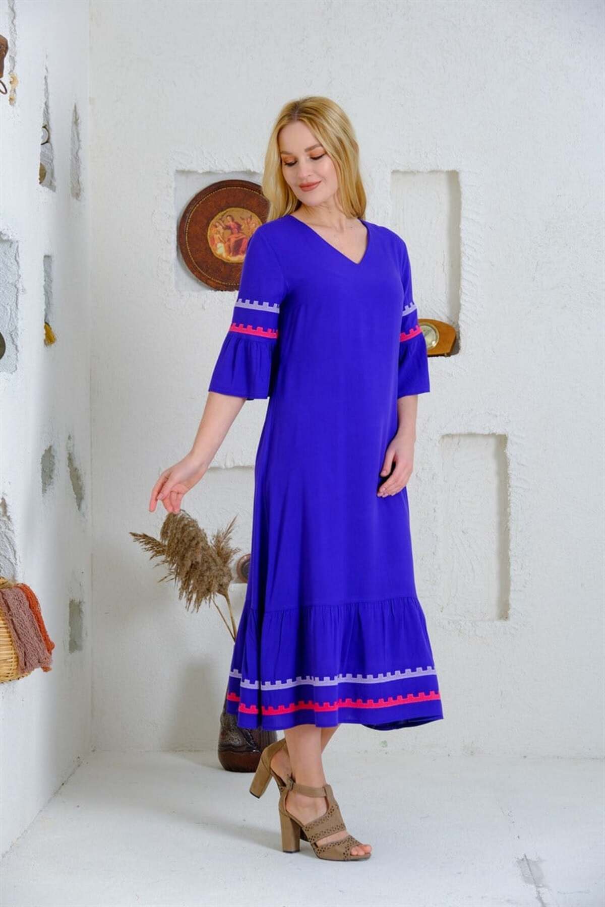 ŞIK STİL %100 Organik Pamuklu Bohem Etnik UZUN Kollu Elbise Fiyatı ...