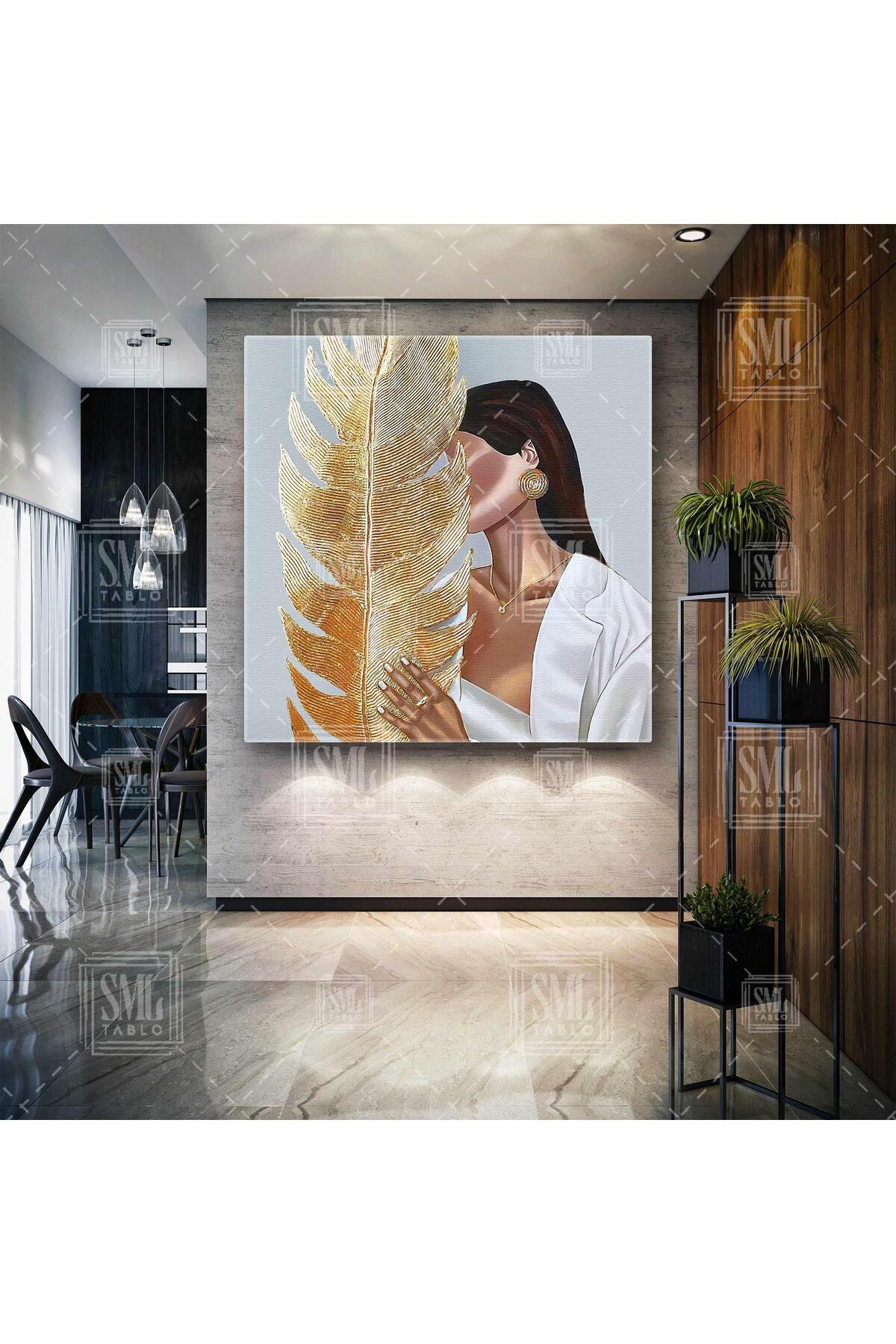 SML TABLO Altın Sarısı Yapraklı Altın Takılı Kadın Kare Kanvas Tablo Fiyatı, Yorumları - Trendyol