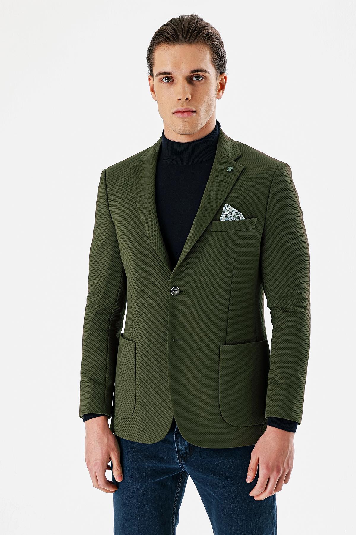 İmza Koyu Haki Desenli Mono Yaka Astarlı Çift Yırtmaç 6 Drop Slim Fit ...