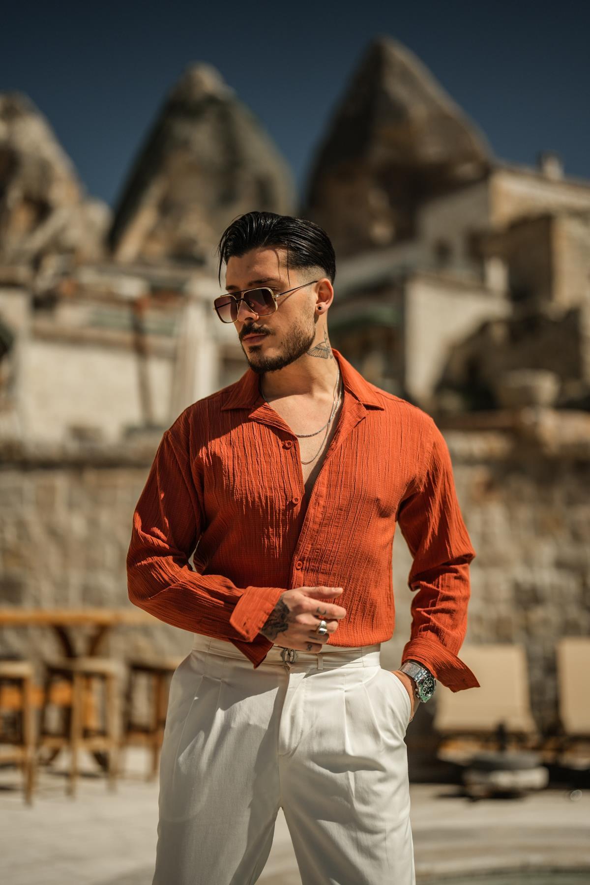 OUTFİT MAN Erkek Bürümcük Kumaş Oversize Gömlek Kiremit Fiyatı ...