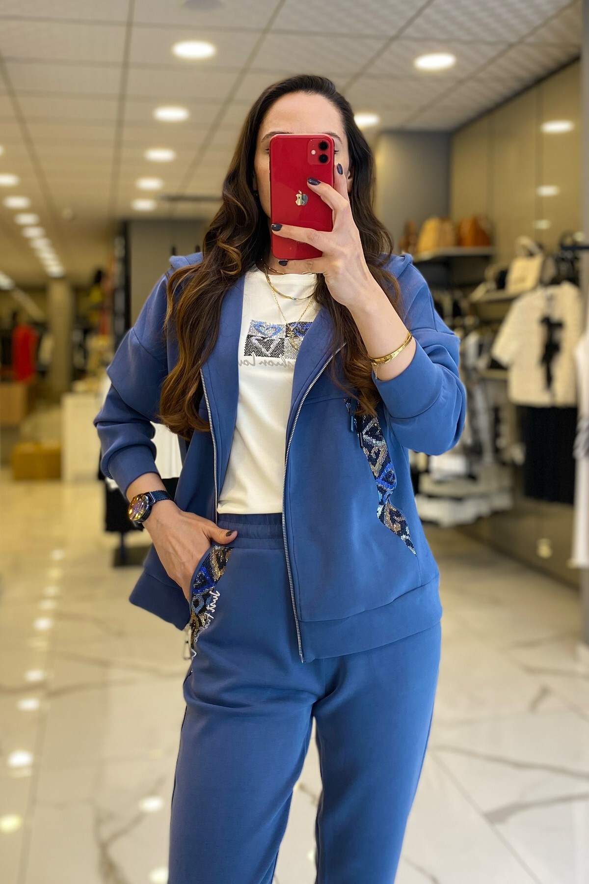 Vosse On Fashıon İndigo Kapüşonlu Fermuarlı Cep Detayı Sim İşlemeli ...