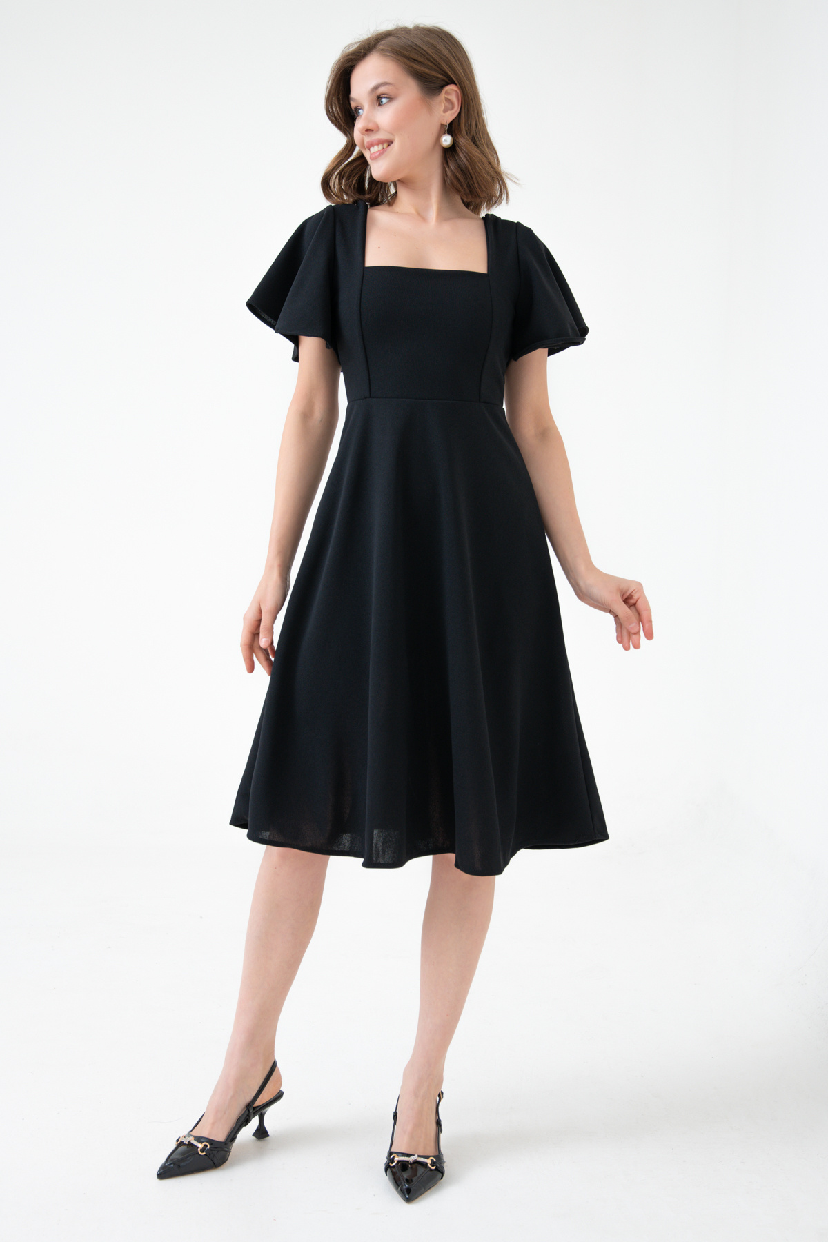 Secret Passion Lingerie Kadın Kolları Volanlı Siyah Esnek Scuba Krep Kumaş Kare Yaka Midi Boy ...