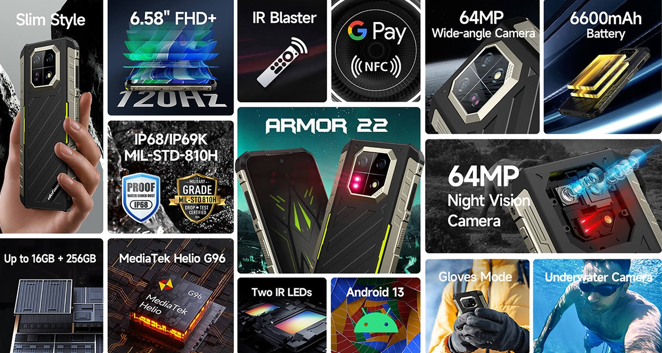 ULEFONE Armor 22 6600mAh 6.58' 64MP 8GB 256GB IP68 Gece Görüş Kameralı Dayanıklı Cep Telefonu Fiyatı
