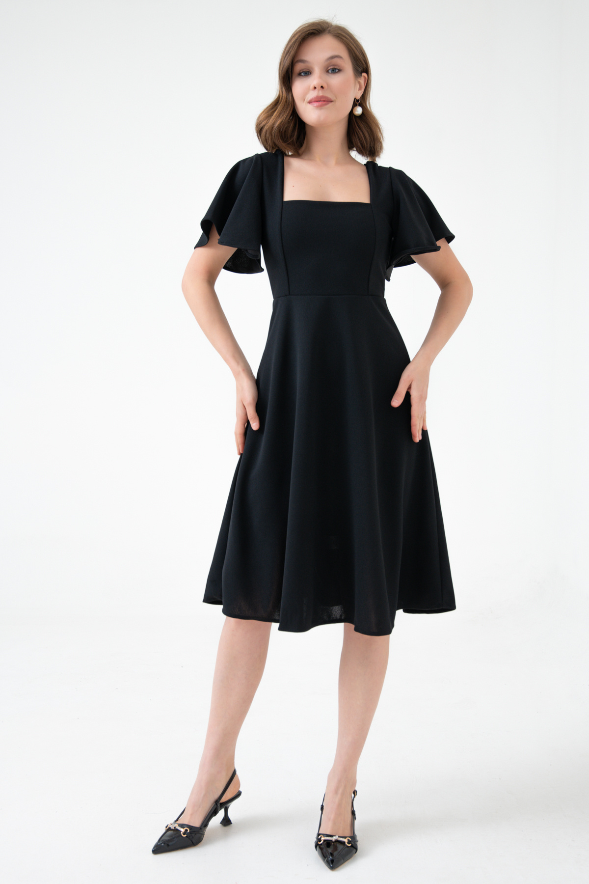 Secret Passion Lingerie Kadın Kolları Volanlı Siyah Esnek Scuba Krep Kumaş Kare Yaka Midi Boy ...