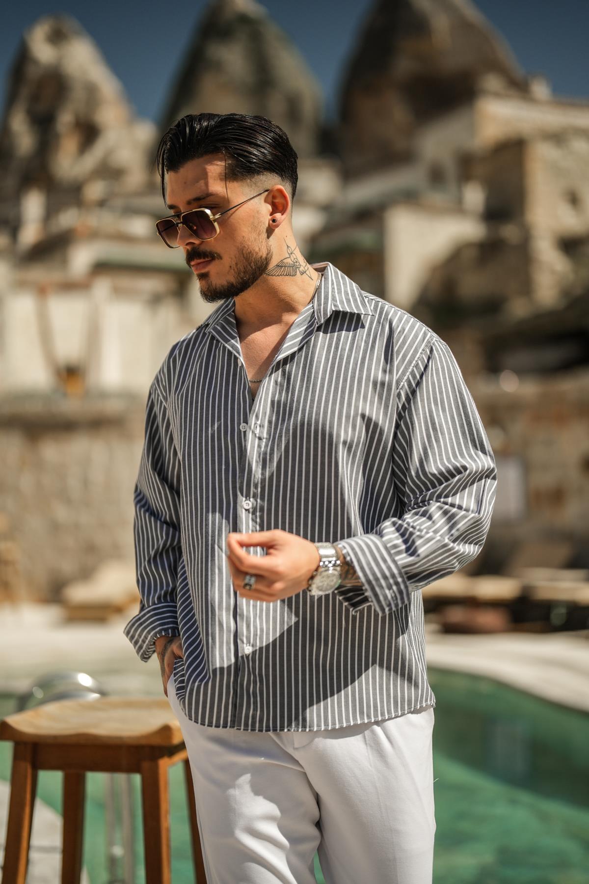 OUTFİT MAN Erkek Çizgili Basic Oversize Gömlek Gri Fiyatı, Yorumları ...