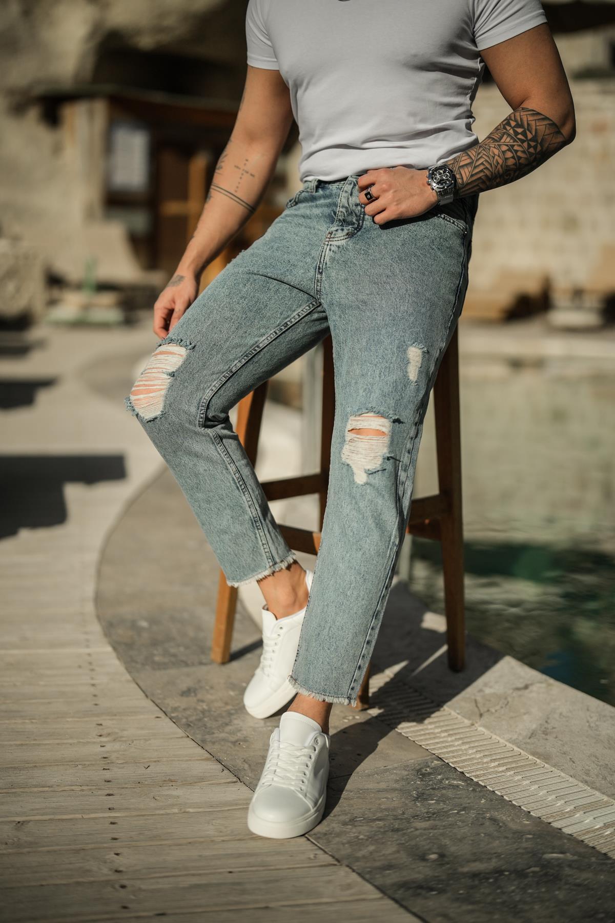 OUTFİT MAN Erkek Püsküllü Dizi Yırtık Mom Jean Yıkamalı Mavi Fiyatı ...