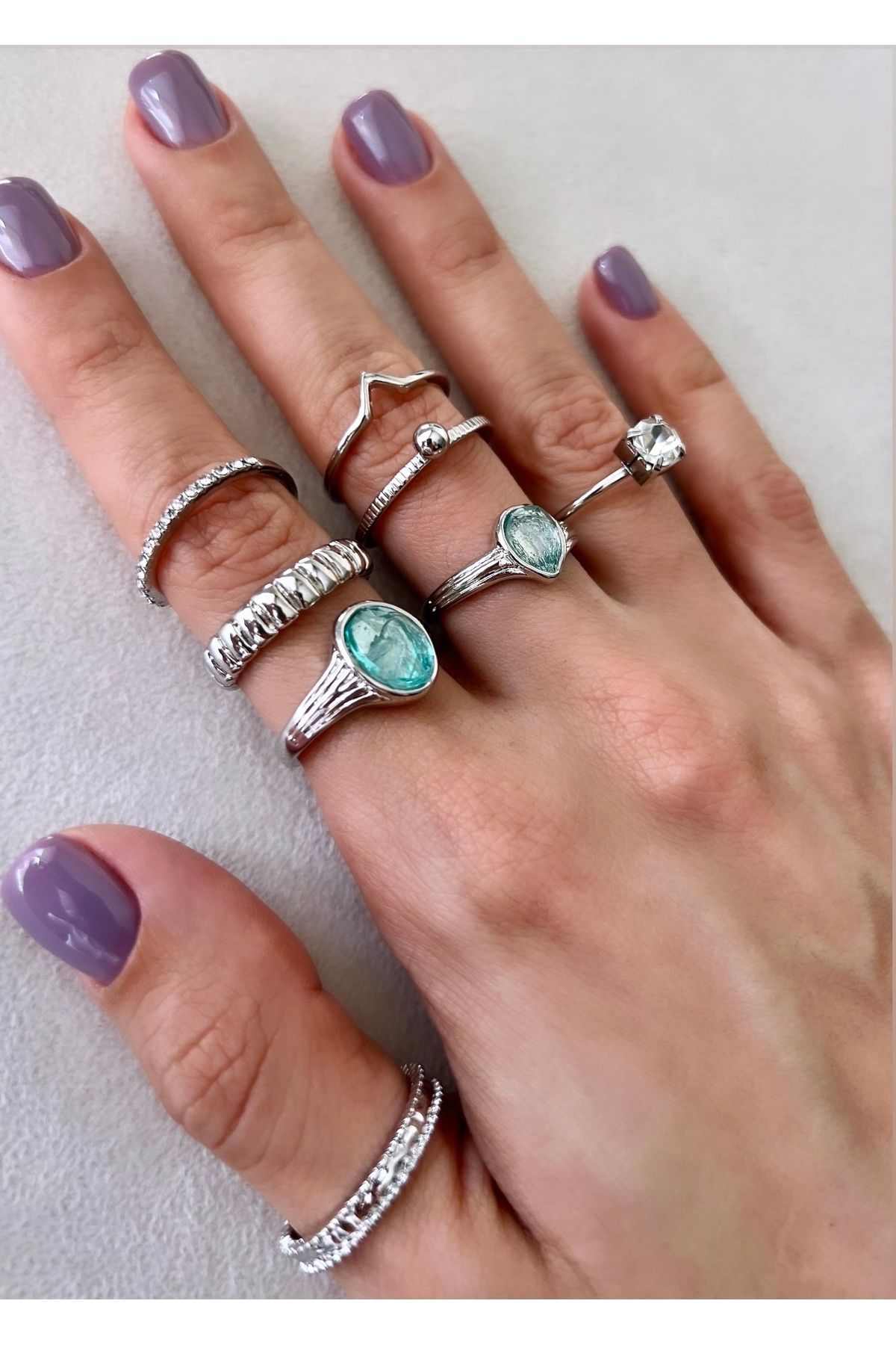 Roseedesign Zümrüt Zirkon Taşlı 8li Yüzük Ve Eklem Yüzük Seti Fiyatı