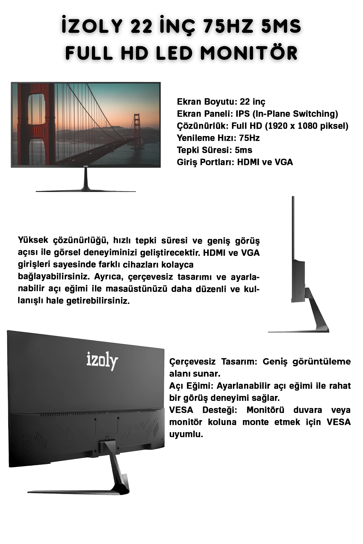 IZOLY 2256 22" 75hz 5ms (HDMI VGA) Full Hd Led Monitör - Fiyatı, Yorumları