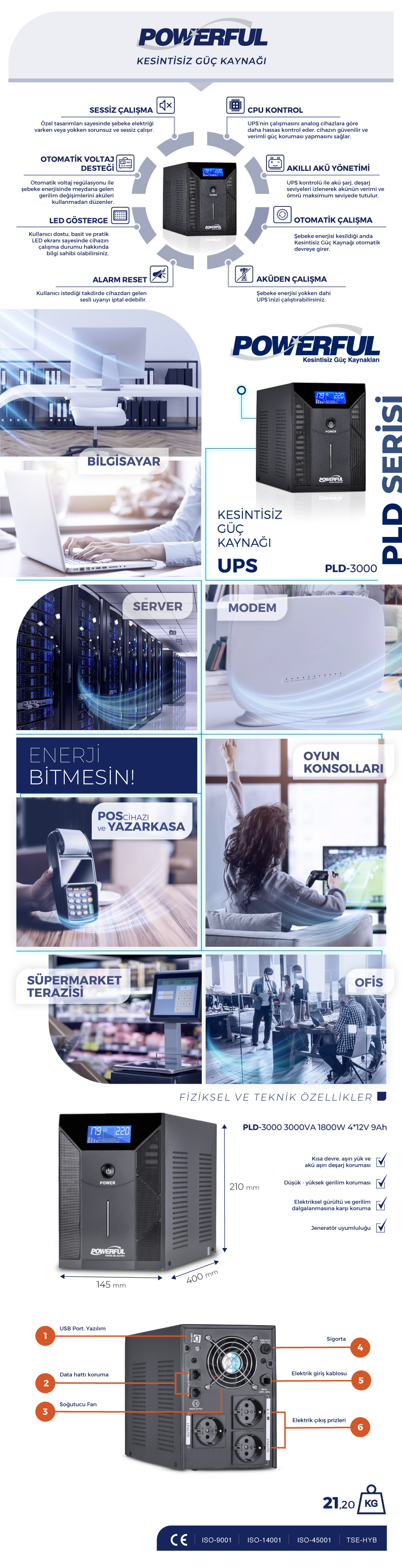 Powerful Pld-3000 3000va Ups Lcd Panel Lıne Interactıve Kesintisiz Güç ...