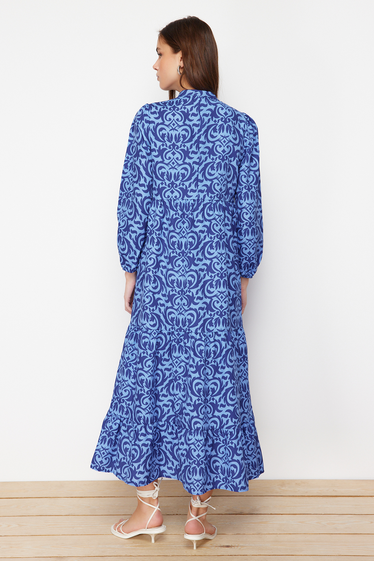 Trendyol Modest Saks Patterned Half Placket Wide Fit Cotton Woven Dress ...