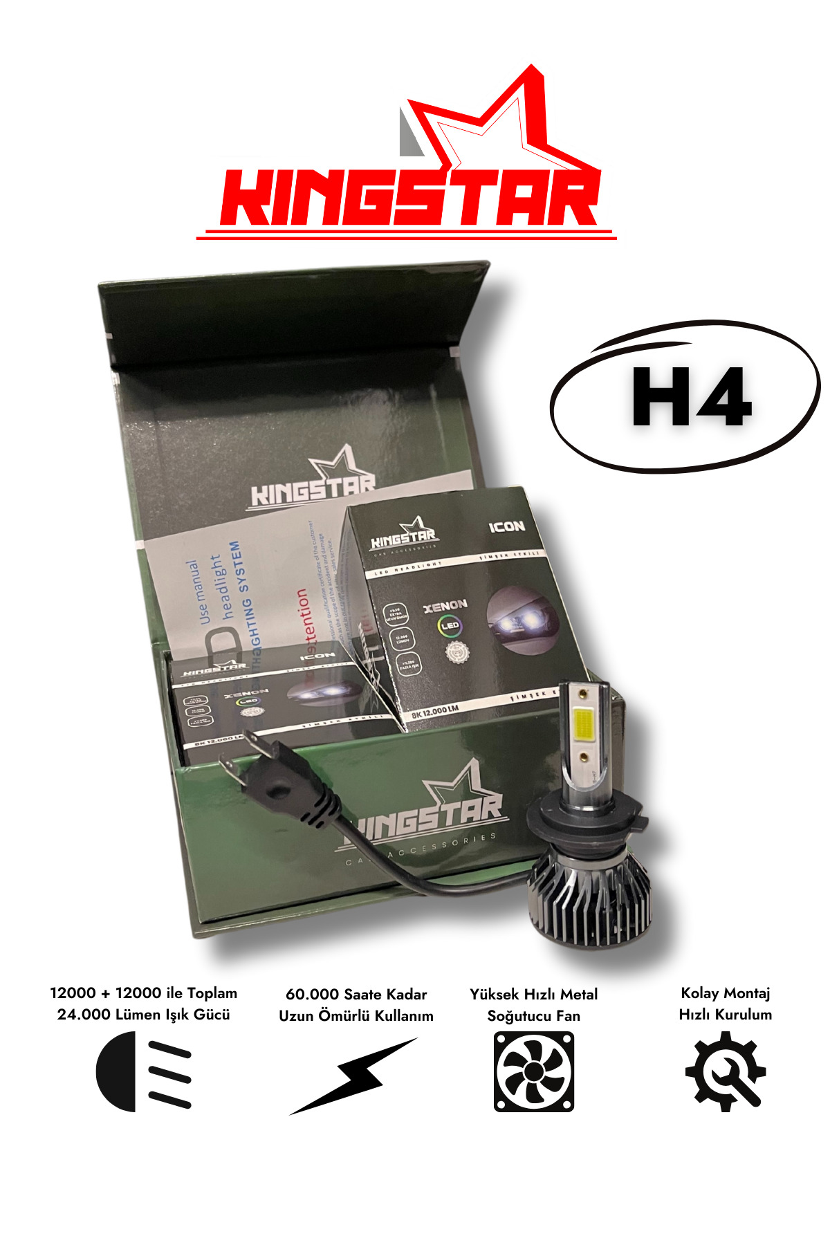 Kingstar İcon Serisi H4 Mini Led Xenon 8000K 12000 LM Yeni Nesil Şimşek ...