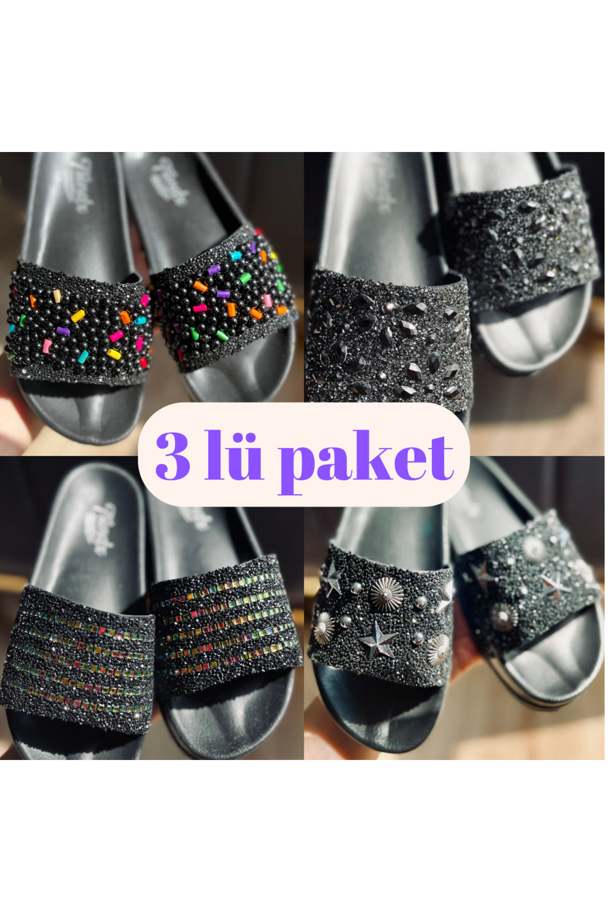 Lurji 3 lü Kadın Taşlı Parlak Çeyiz Bohça Ev Dışarı Terlik Fiyatı ...