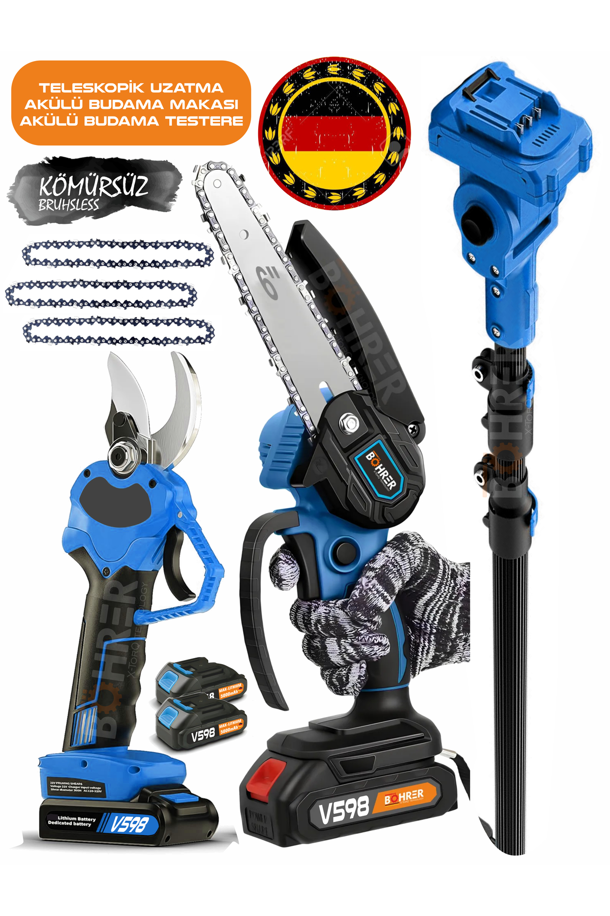 BÖHRER ALMAN UZATMA KOLLU, AKÜLÜ 2 Lİ BUDAMA SETİ, AKÜLÜ BUDAMA BAĞ ...