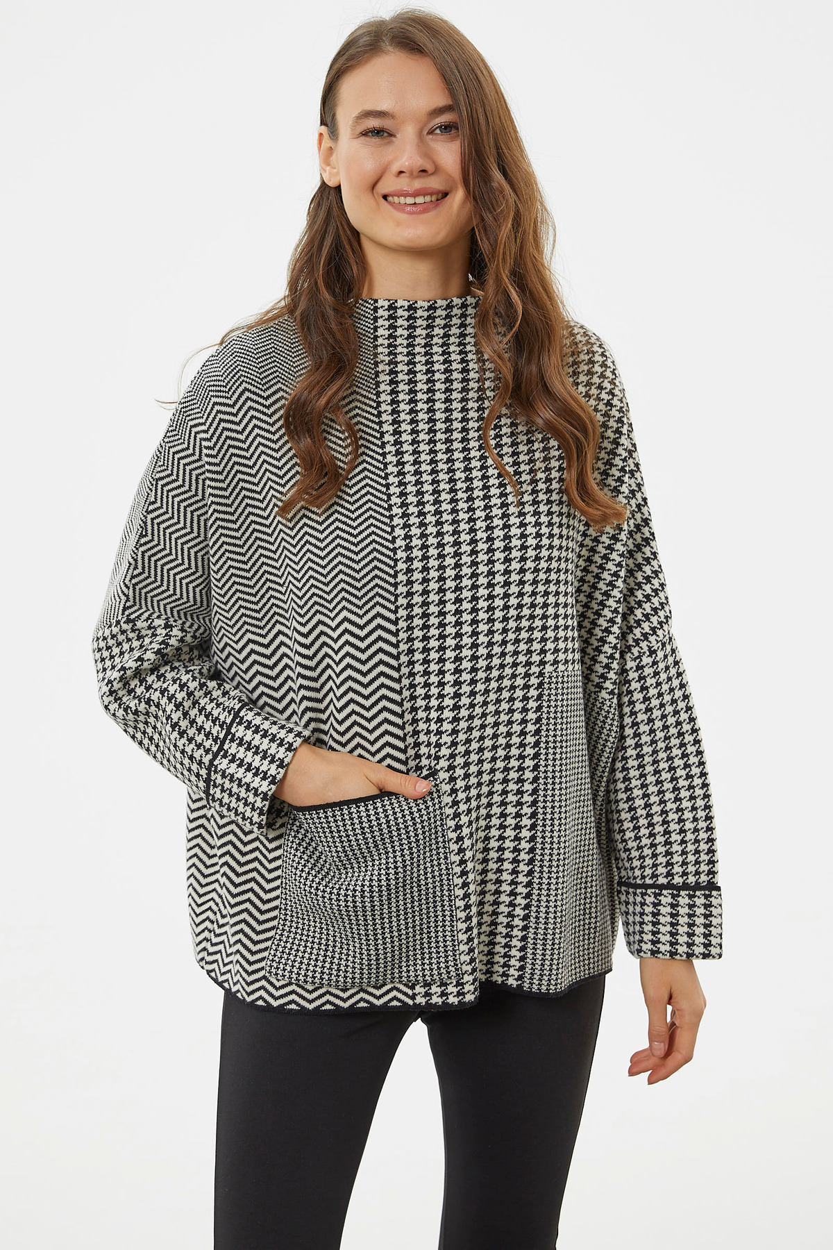 Sementa Çok Geniş Kalıp Kazayağı Desen Triko Kazak - Siyah Fiyatı ...