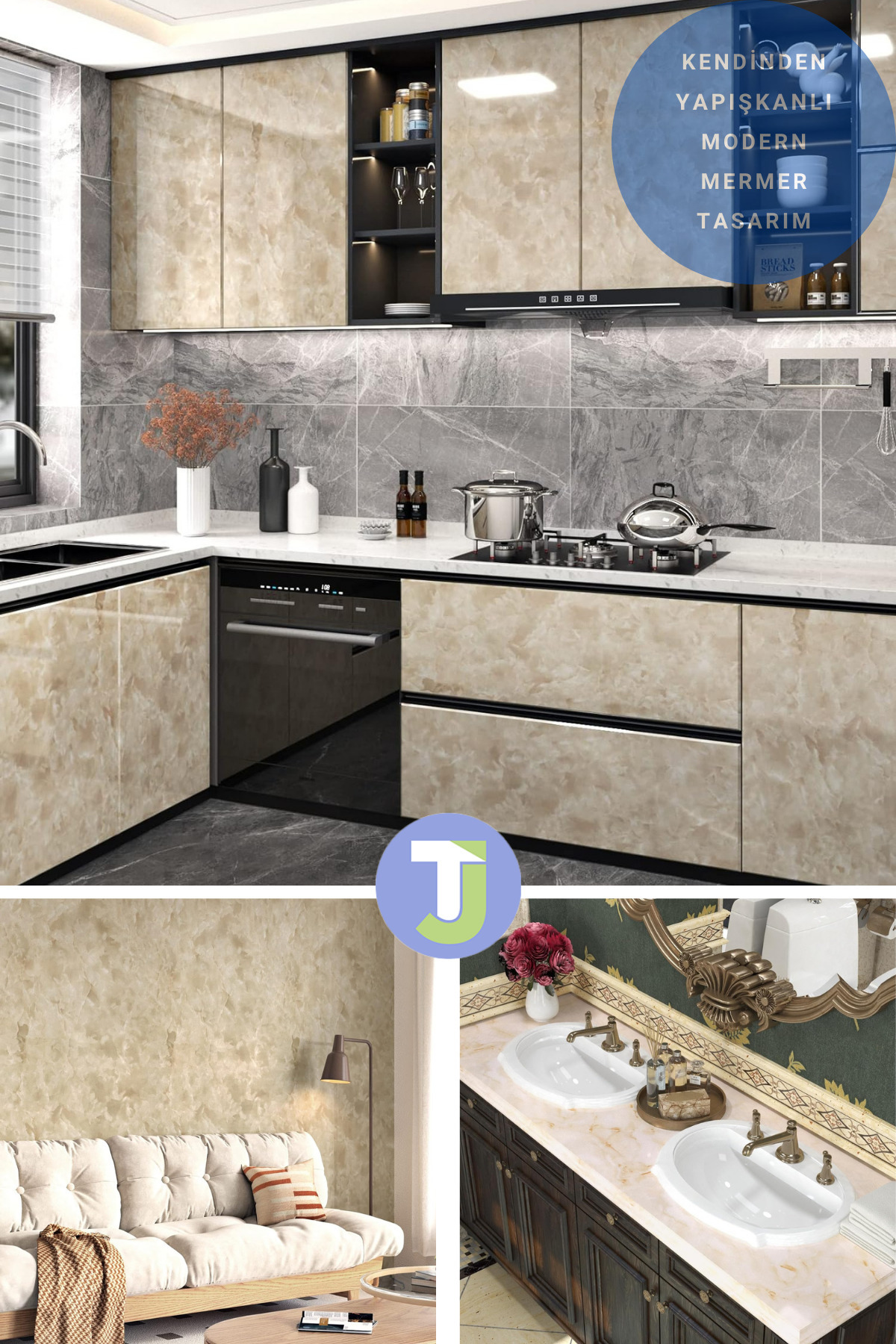 Technojet Kendinden yapışkanlı Mermer Desen Folyo Mutfak Banyo Tezgah Duvar Masa Kaplama ...
