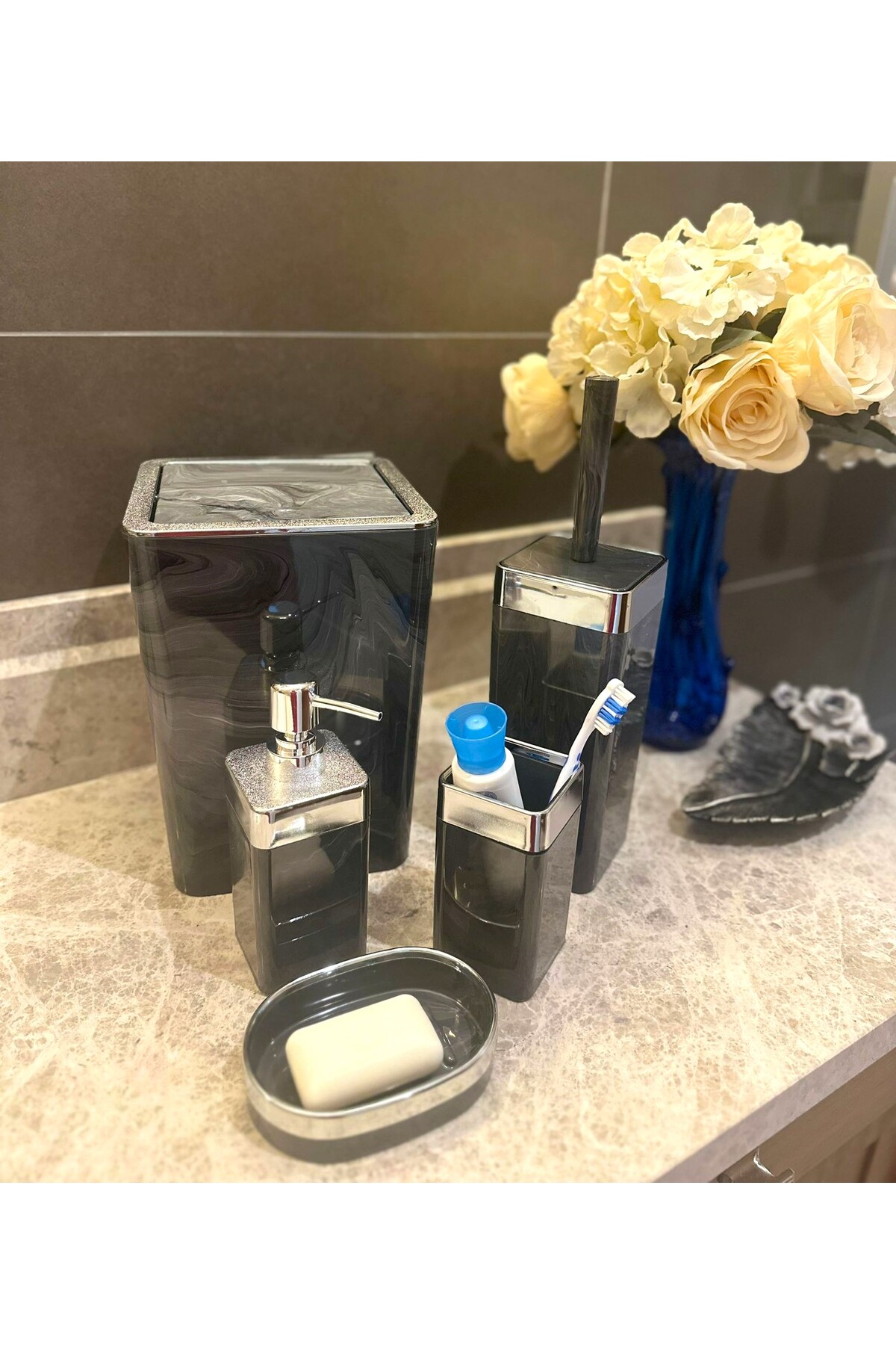 Makri Banyo Seti 5'li, Kare, Akrilik, Çöp Kovası, WC Fırçalık, Sıvı ...