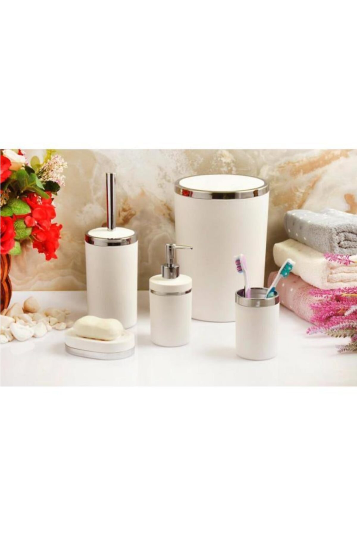 Genel Markalar 5 Parça Akrilik Gümüş Çizgi Soft Banyo Takımı Yuvarlak ...