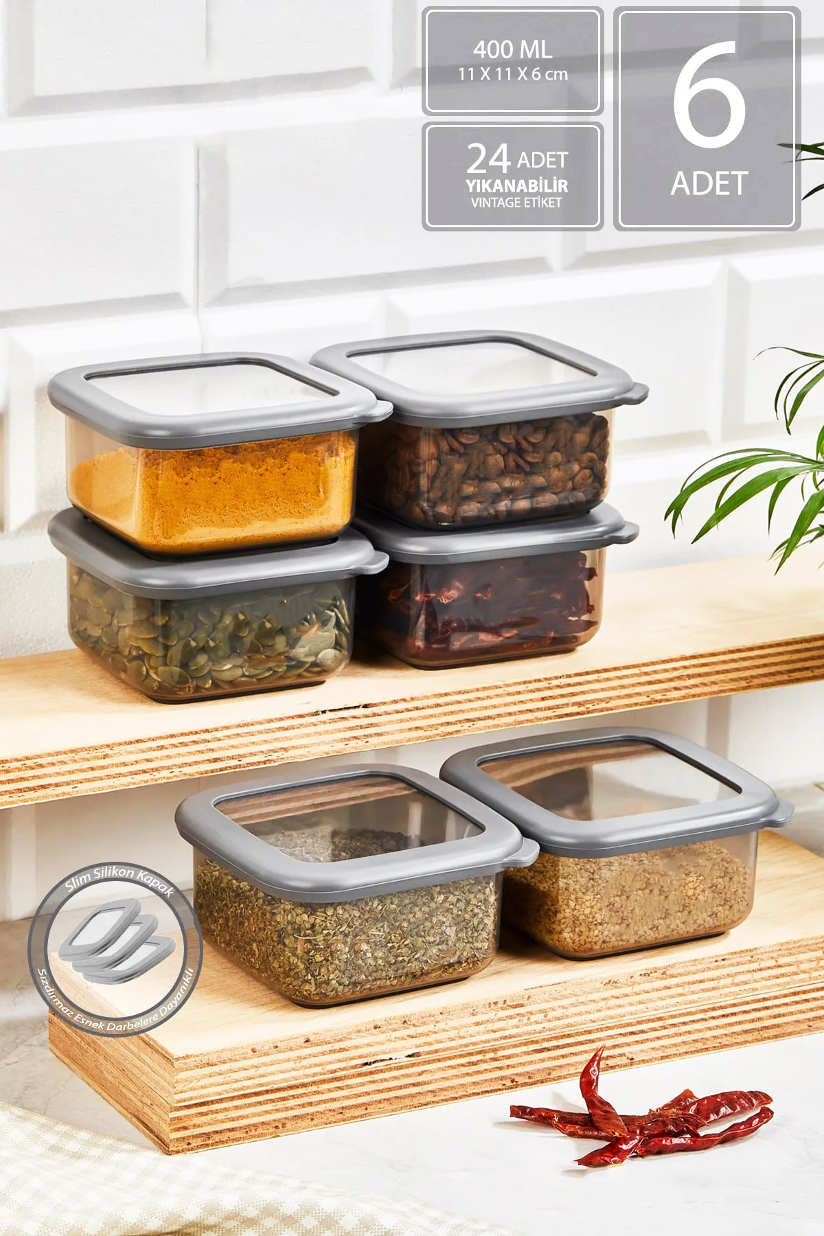 LUCKYHOMES 6'lı Saklama Kabı Seti - Sızdırmaz Silikon Şeffaf Kapaklı - Antrasit Erzak Kabı 400 ...