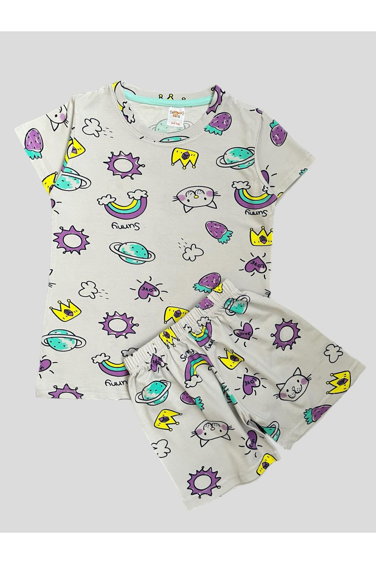 elmas kids Kız Çocuk %100 Pamuklu Kalp Kedi Çilek Desenli Kısa Kollu ...