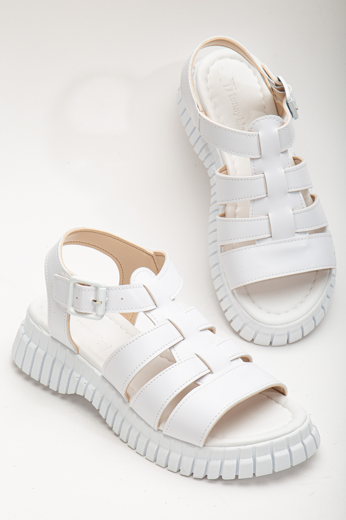 Tonny Black Women's White Ankle Strap Three-Strap Poly High Sole ...