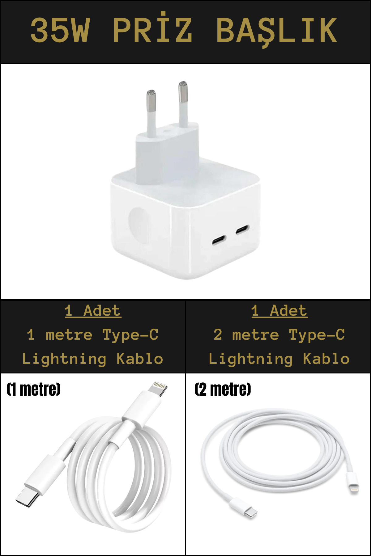 L'eDoren 35w Çift Girişli Type-C Priz Başlık + 2 Adet Şarj Kablo Seti ...