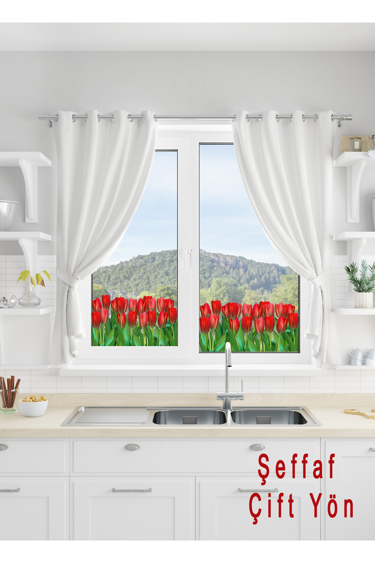 MAARS Kırmızı Lale Desenli Şeffaf Malzeme çift yönlü Cam Sticker - Cam ...