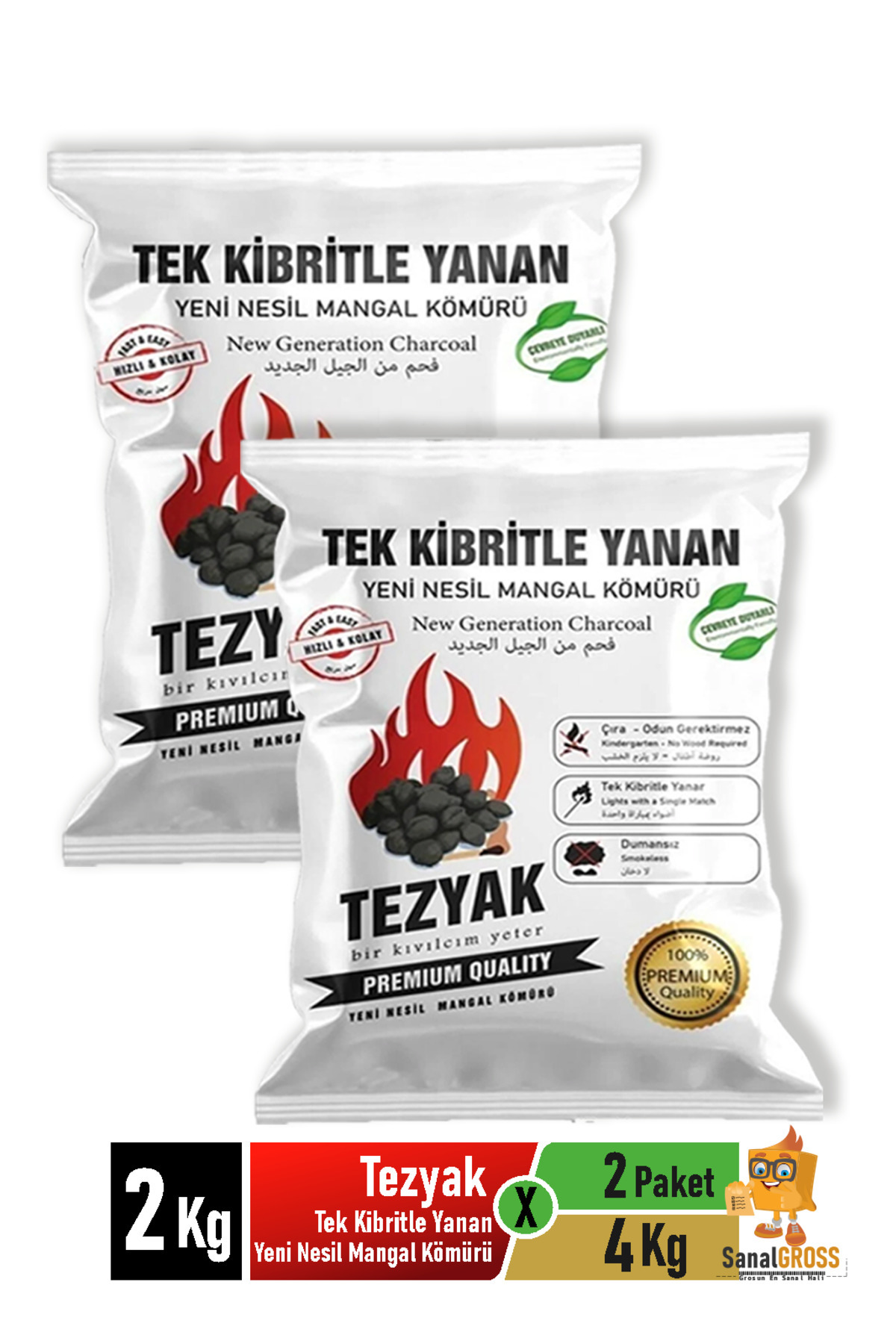TEZYAK Tek Kibritle Yanan Yeni Nesil Mangal Kömürü 2 Kg x 2 Paket ...