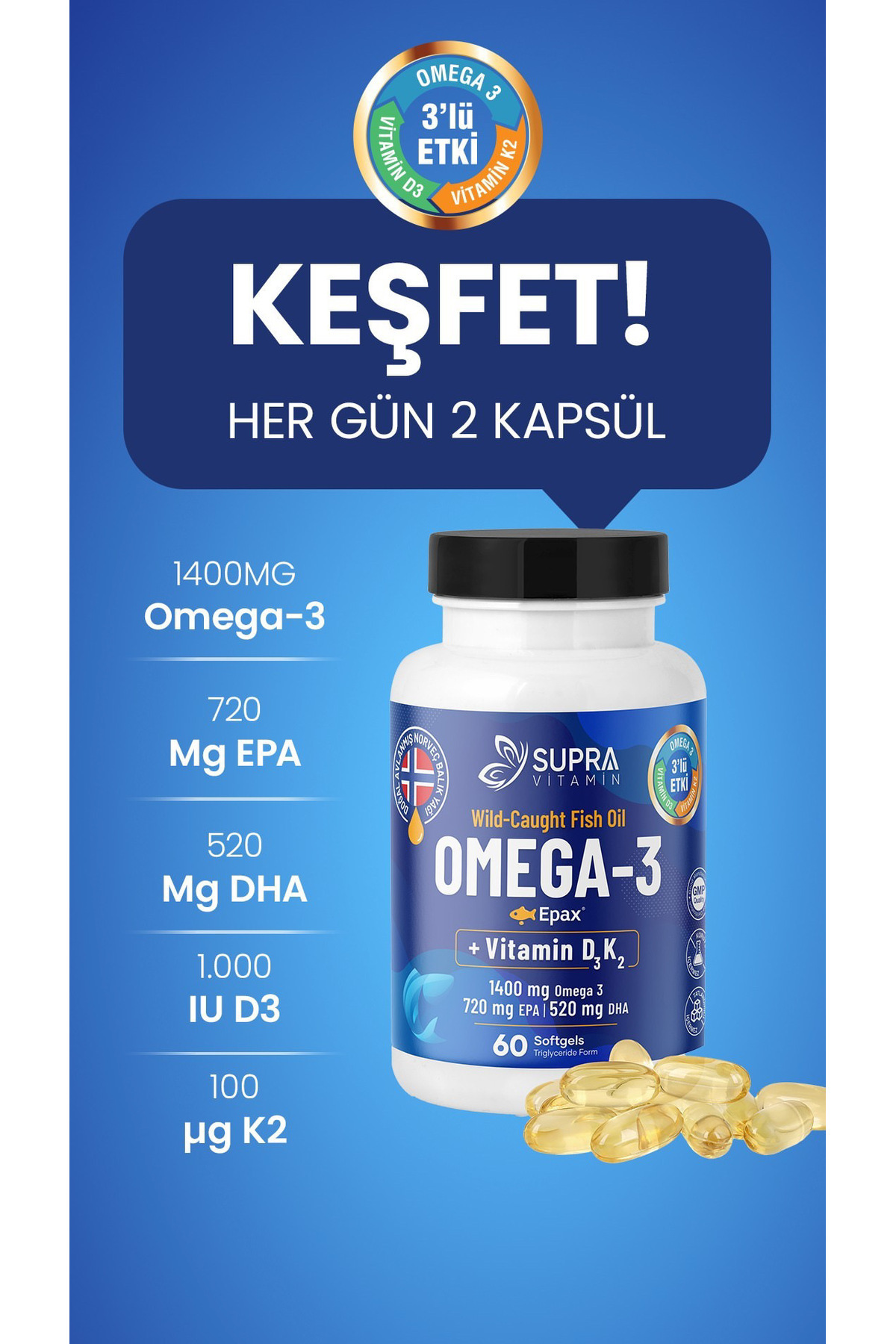 Supra Protein Epax® Omeg-3 Balık Yağı, 2.000 Mg Fish Oil + Vitamin D3 ...