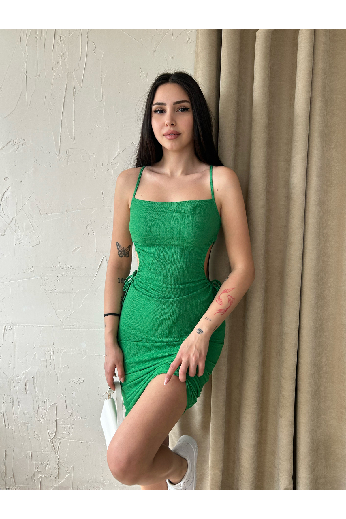 Fav Style Kadın Ince Askılı Yanları Pencere Dekolte Detaylı Bağlamalı Midi Elbise YeşilFiyatı ...