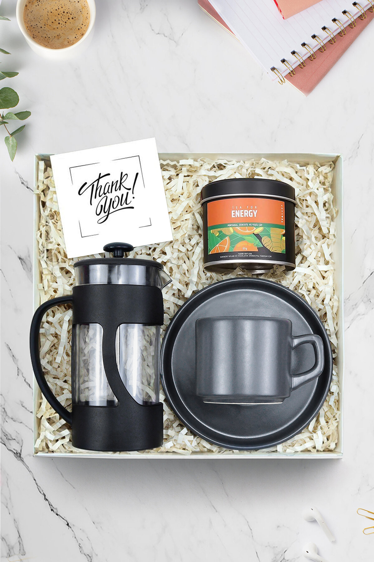 Trendmiya Siyah French Press & Gri Fincan & Tea Shop Metal Kutulu Bitki ...